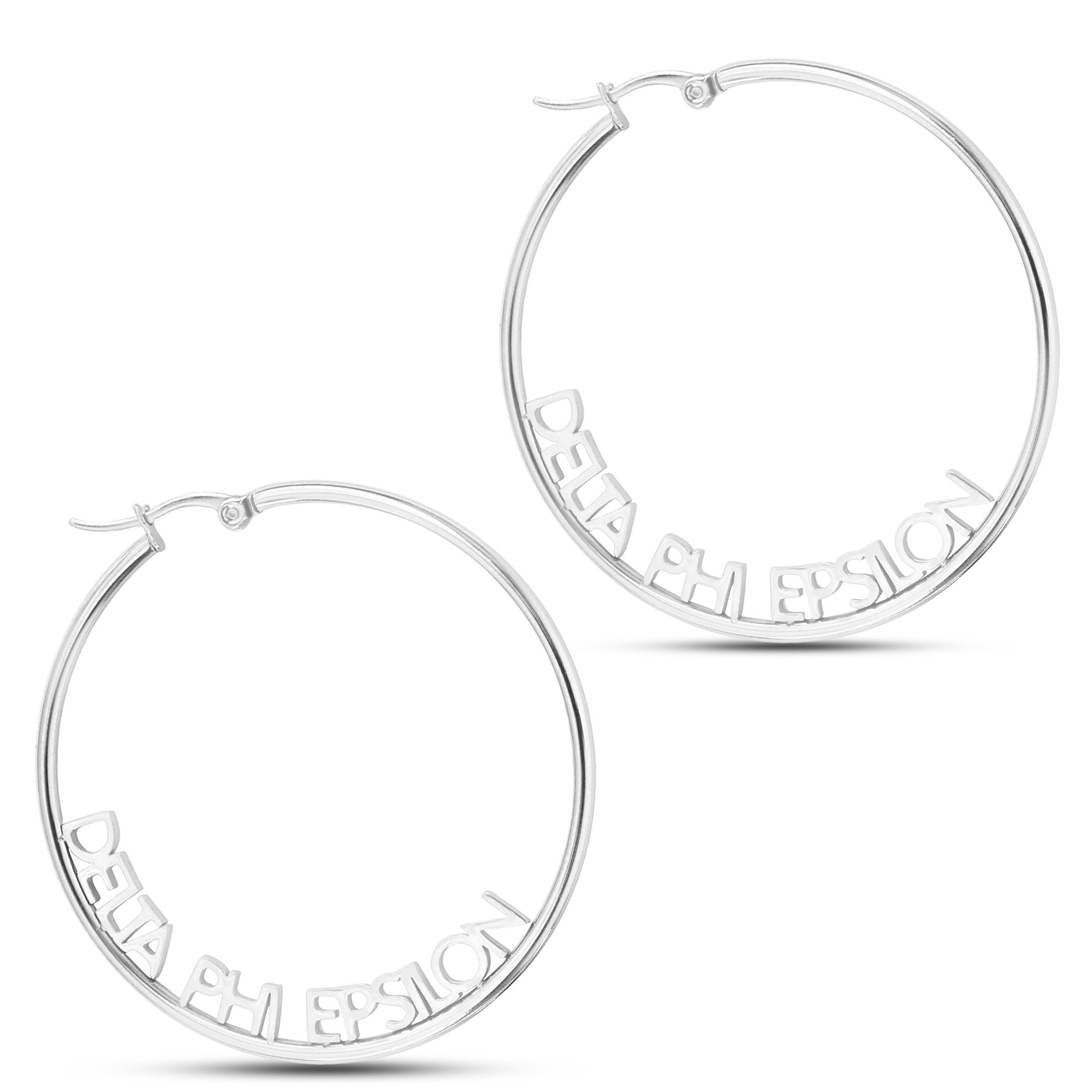 Delta Phi Epsilon Silver Hoop Earrings- Name Design – Campus Connection
